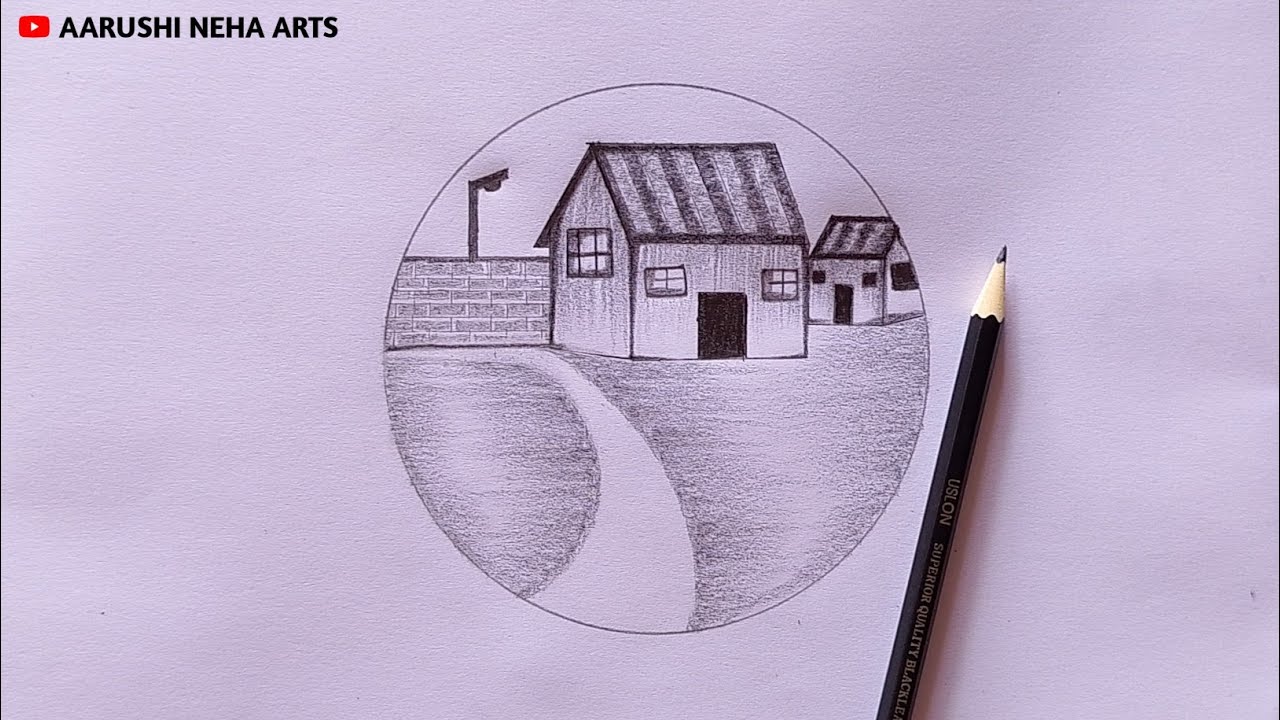 House scenery drawing in circle | Easy nature scenery | Circle scenery ...