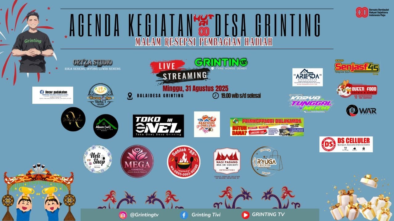 🔴LIVE RESEPSI DAN PEMBAGIAN HADIAH HUT RI 80 DESA GRINTING BREBES // 30 ...