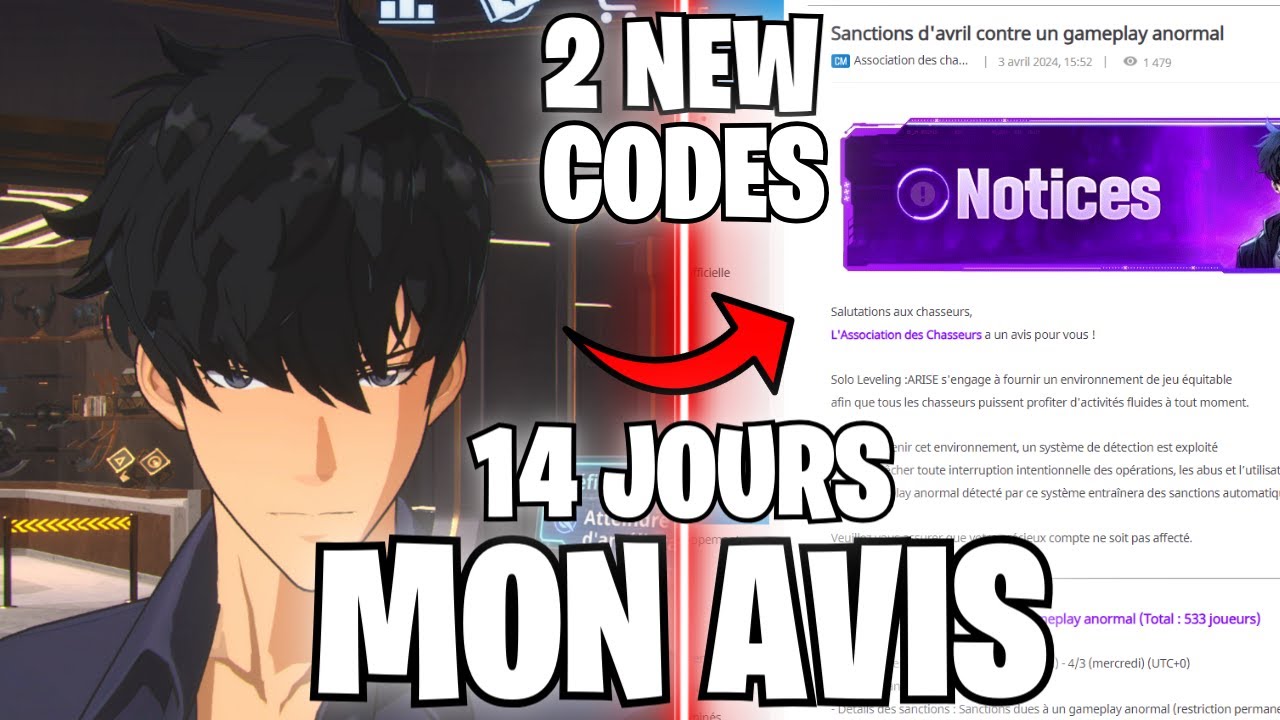 2 NEW CODES! 533 JOUEURS BANNIES! MON AVIS & MA PROGRESSION APRES 14 JOURS - SOLO LEVELING ARISE ...