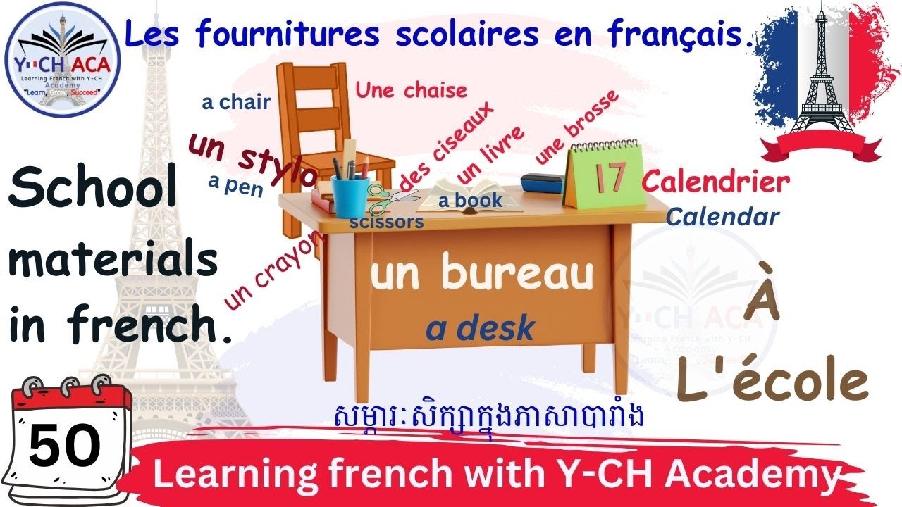 #Day-50 l School materials "L'école" Un livre, Un bureau, Un cartable ...