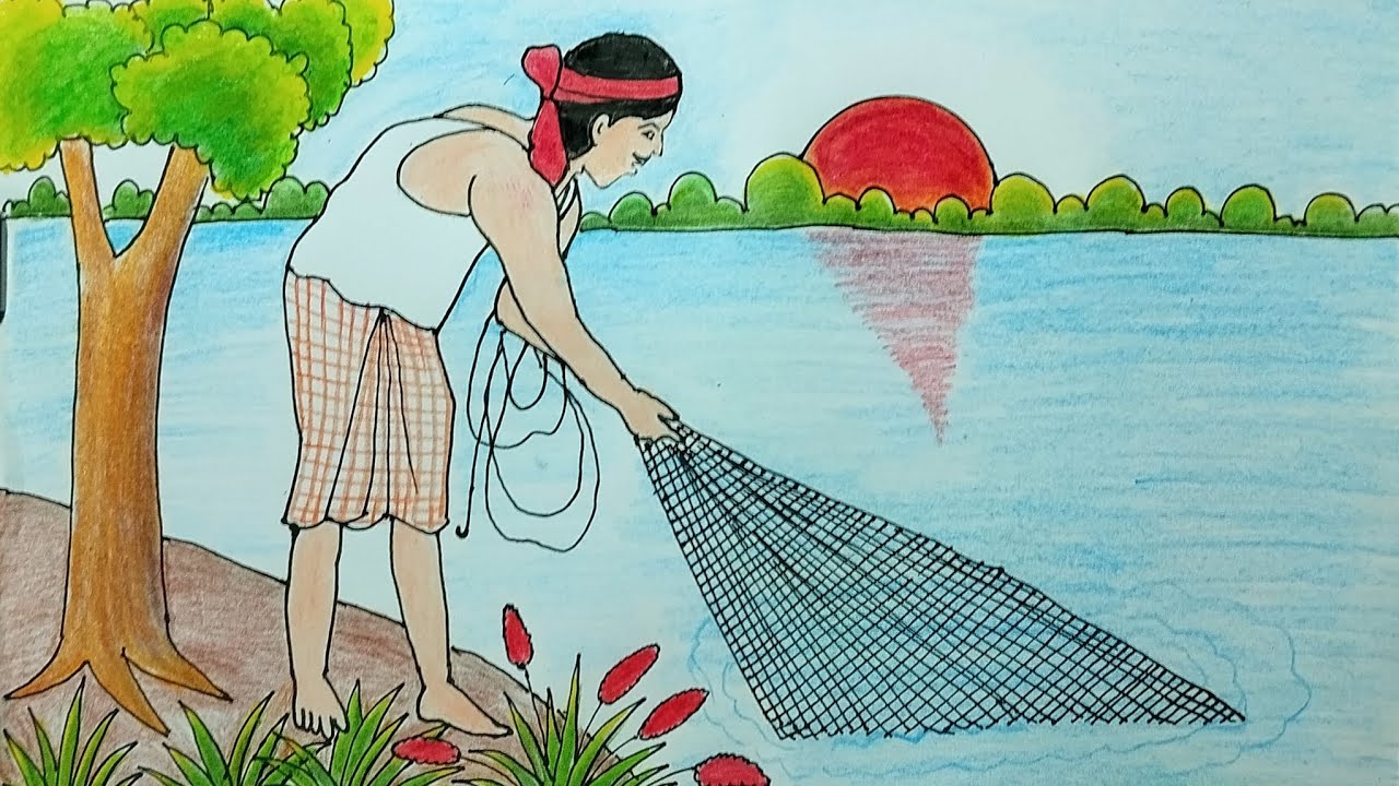 Fishermen catching fish scenery drawing/fishing scenery drawing/নদীতে ...