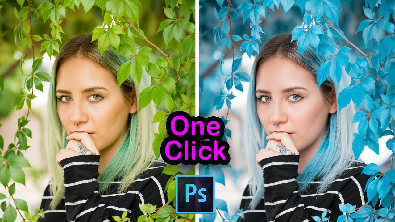 1 Minute Photoshop: Turn Green To Cyan Blue Color | Color Grading in ...