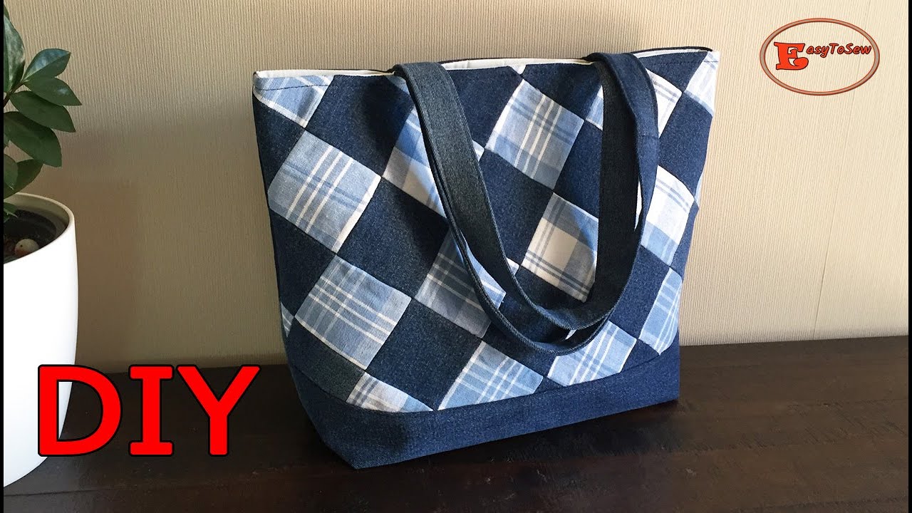 DIY LADIES CANVAS WITH DENIM PATCHWORK TOTE BAG SEWING TUTORIAL | PATCHWORK TOTE BAG TUTORIAL ...