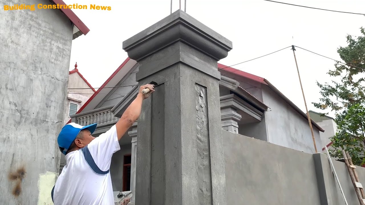 Professional Workers Construct And Decorate Gate Pillars Using Bricks ...