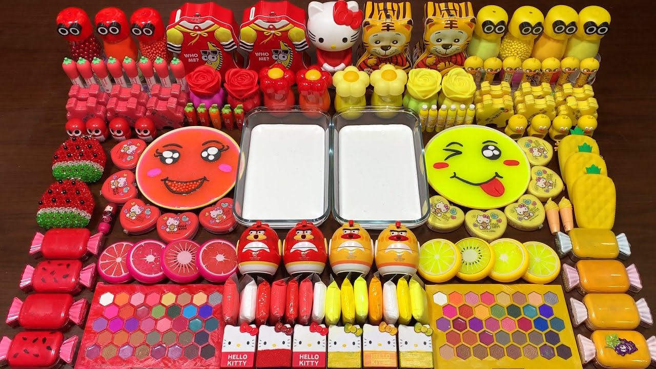 RED VS YELLOW | ASMR SLIME | Mixing Random Things Into GLOSSY Slime ...