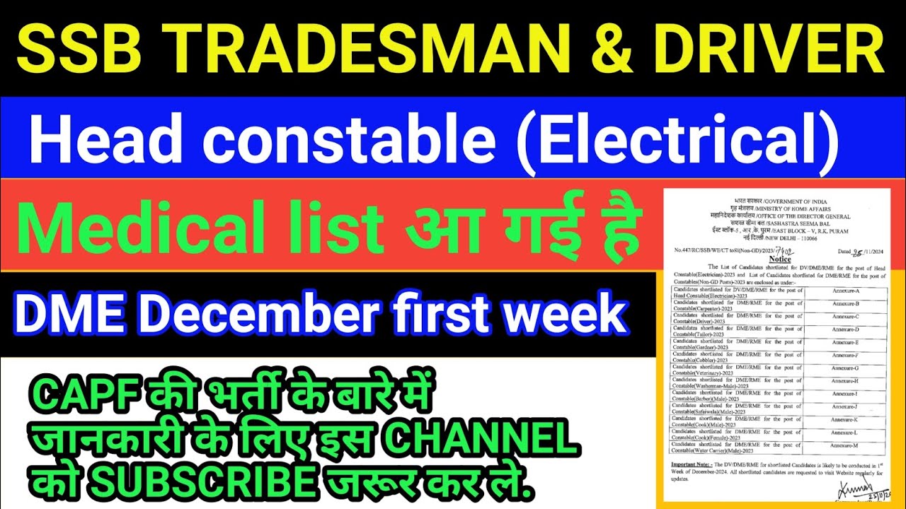 SSB CT TRADESMAN & DRIVER, HC ELECTRICAL medical list आ गई है. SSB ...