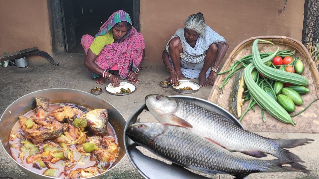 Village life rui FISH CURRY with RIDGE GOURD cooking and vegetables ...