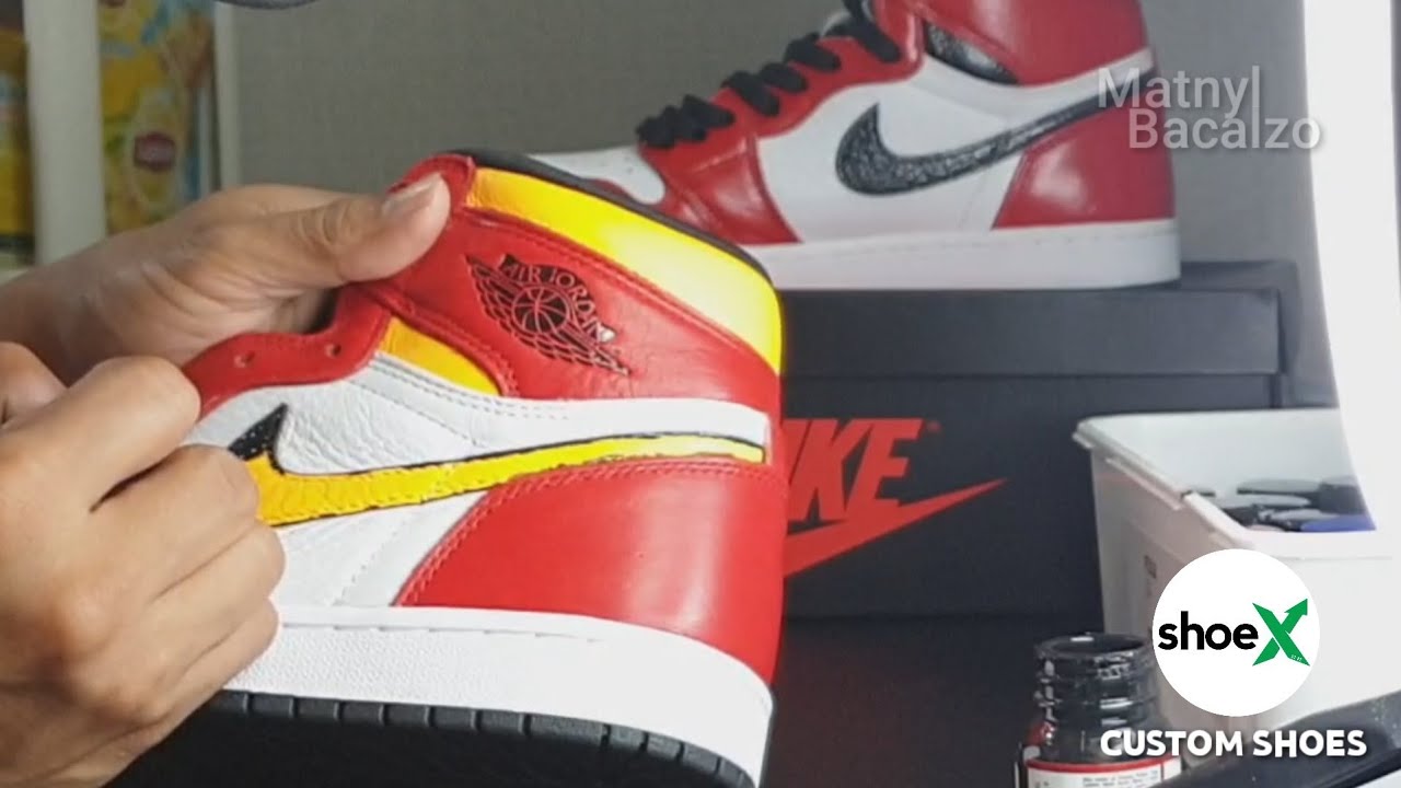 CUSTOM SHOES AIR JORDAN 1 HIGH LIGHT FUSION RED TO AJ1 CHICAGO - YouTube