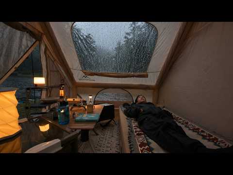 ⭐I Built an Inflatable Villa by the Lake - Camping in Heavy Rain, ASMR Rain
