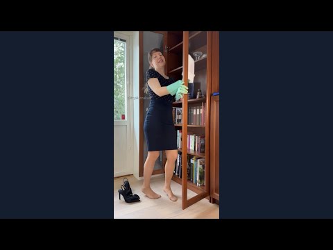 Wearing Calzedonia stockings while cleaning a bookshelf - KittyAstrakan