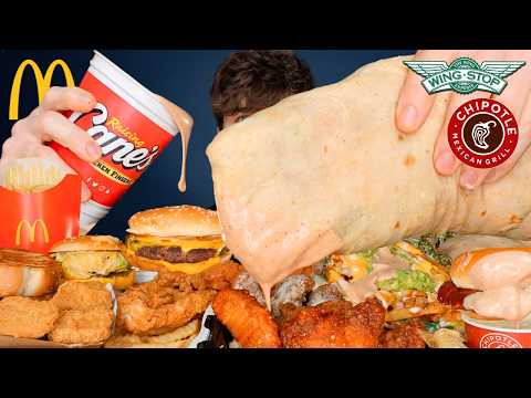 ASMR MUKBANG EXTRA CANES SAUCE GIANT CHIPOTLE BURRITO BIG MAC BURGERS WINGSTOP CHICKEN CHEESE FRIES