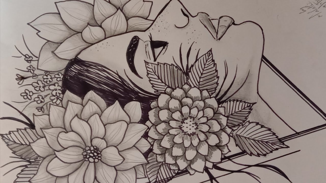 How to draw flower with girl in step by step - YouTube