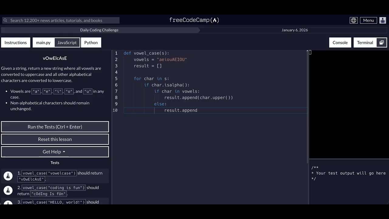 FreeCodeCamp - Daily Challenge - Python - vOwElcAsE - January 6, 2026 - YouTube
