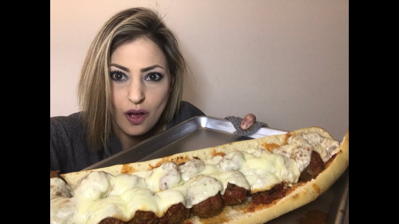 GIANT CHEESY MEATBALL SUB MESSY EATING MUKBANG | EATING SHOW - YouTube