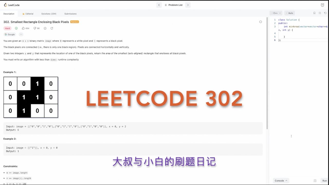 Leetcode 302 Smallest Rectangle Enclosing Black Pixels 二分算法 Youtube 4999