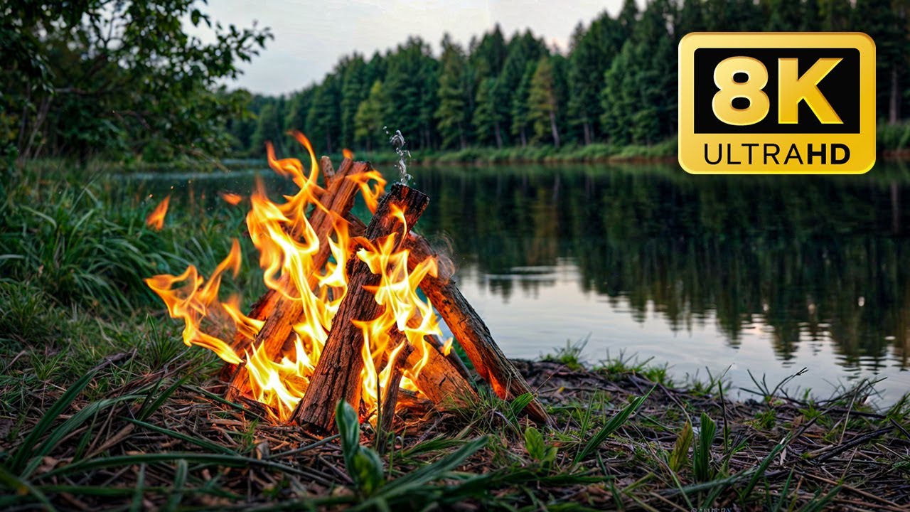 Campfire by the River 8K 🔥 Crackling Fire, Burning Logs & Nature Sounds ...