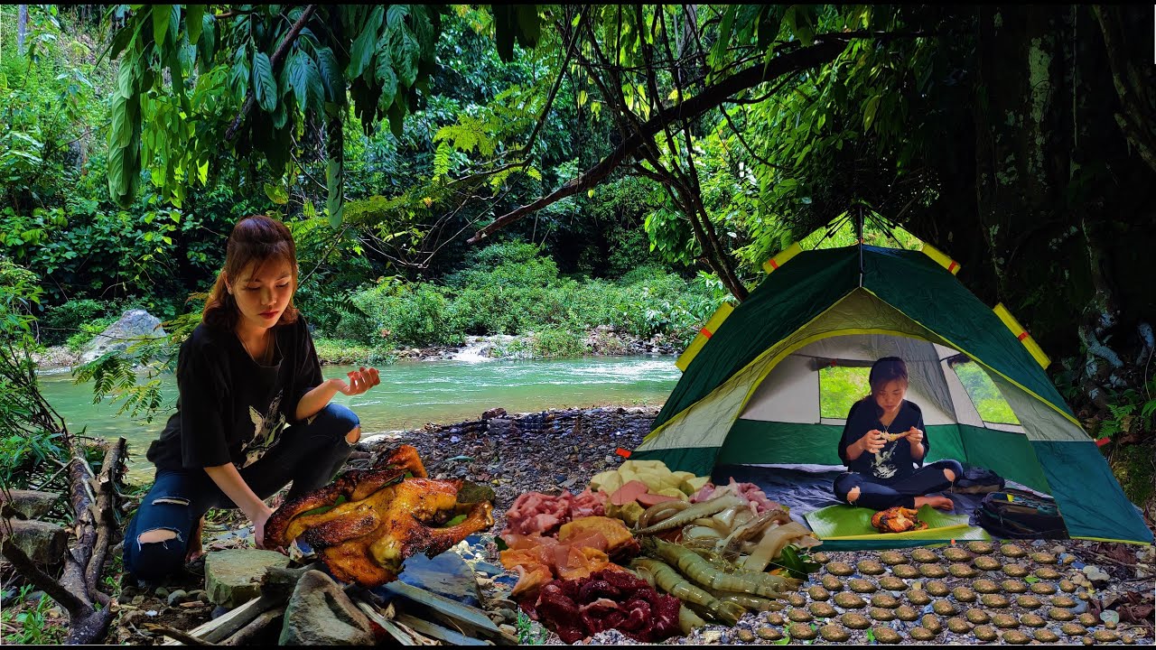 solo camping by the river | Ground-wrapped grilled chicken / shelter ...