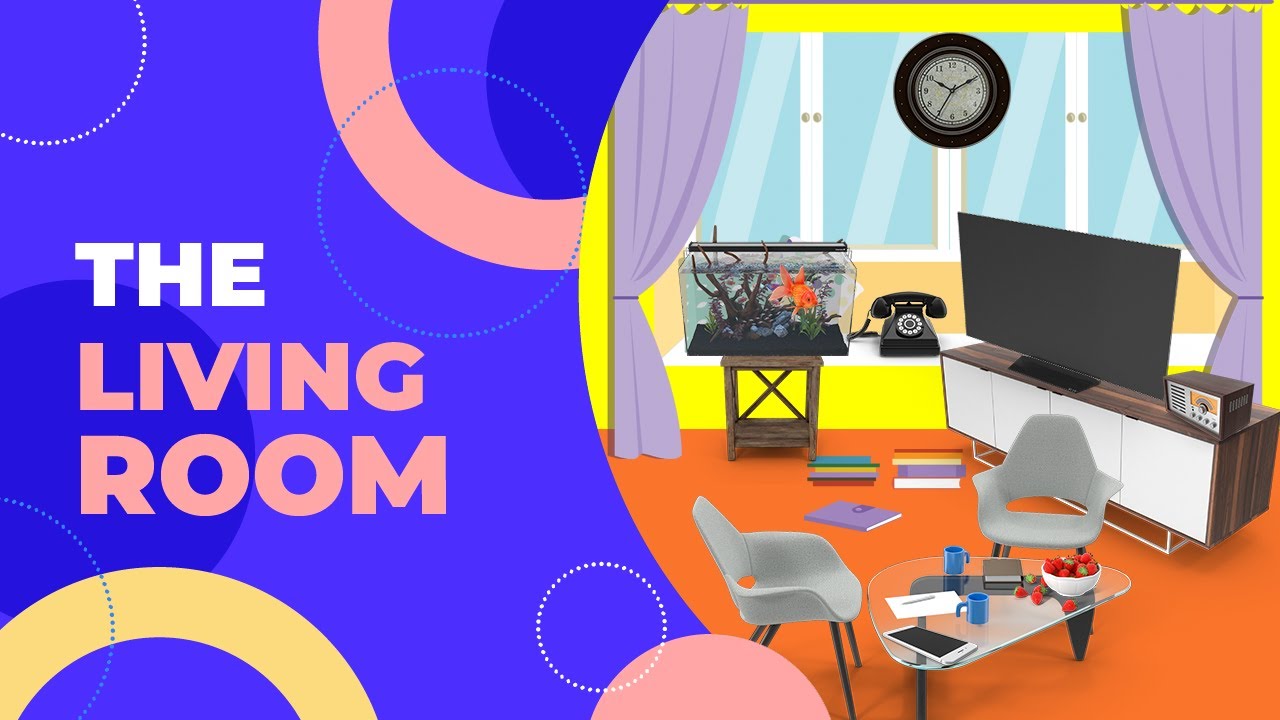 Living room words in English - Learn names of furniture by guessing ...