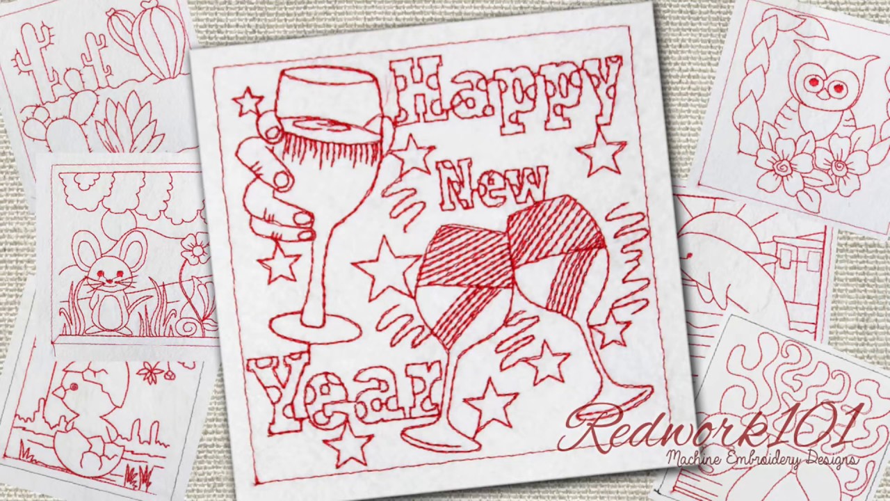 Wine Glasses - Happy New Year 2020 | Redwork Embroidery Designs - YouTube