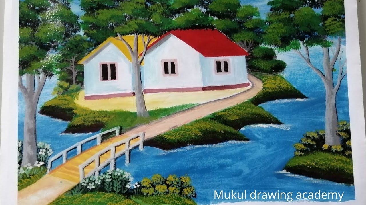 How to draw a natural scenery || Beautiful village scenery || Mukul ...