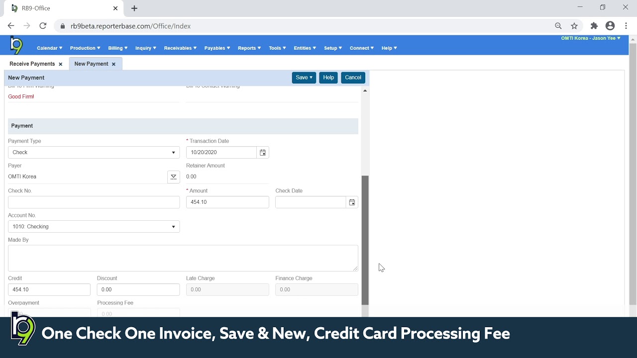 One Check One Invoice, Save & New, Credit Card Processing Fee - YouTube