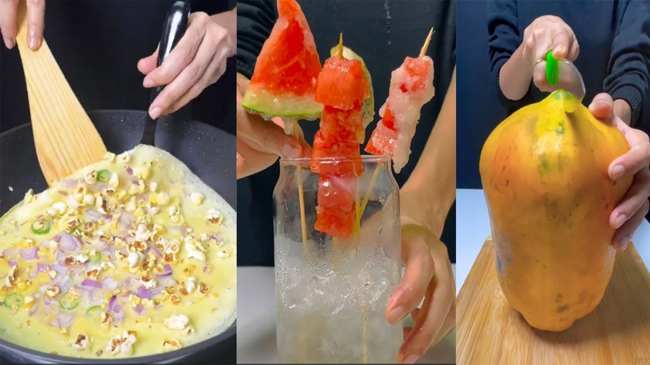 Viral Popcorn 🍿 omelette Watermelon and dragon fruit tanghulu Healthy ...