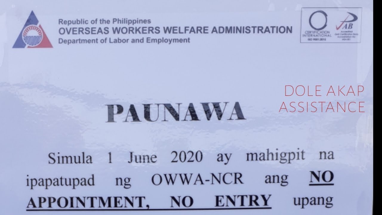 DOLE AKAP ASSISTANCE HOTLINE, OWWA MEMBER ONLINE APPOINTMENT PAANO ...