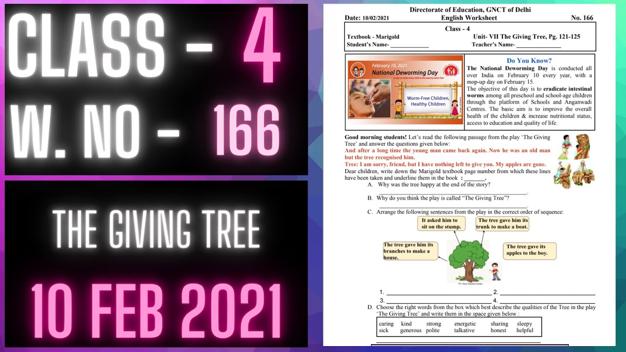 Class 4 Worksheet 166 | THE GIVING TREE | ENGLISH | 10 FEB 2021 - YouTube