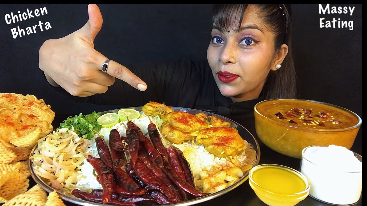 ASMR EATING DRY CHILLI & CHICKEN VORTA WITH RICE,DAAL | MASSY EATING ...
