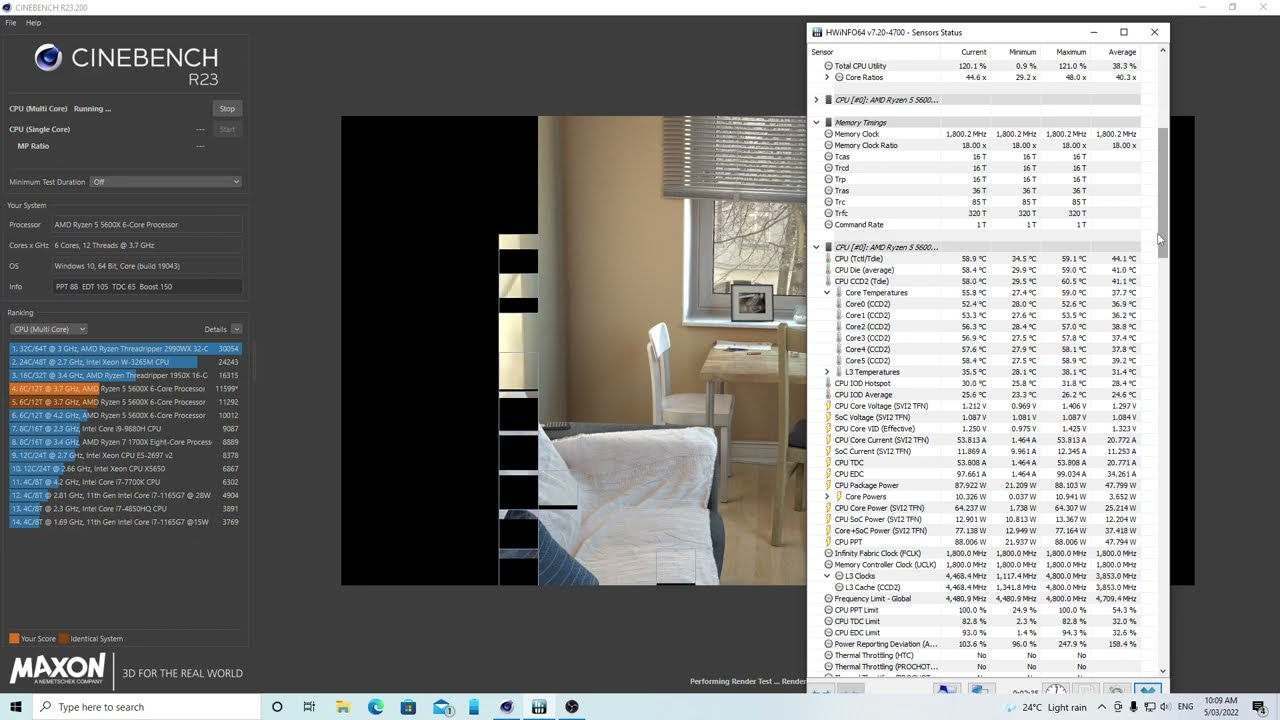 Cinebench R23. ryzen 5600x PBO PPT 88, EDC 105, TDC 65, Boost 150 - YouTube