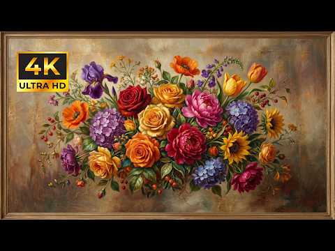 Vibrant Luxury Floral Bouquet with Roses & Tulips | Gold Framed 4K Art | TV Wallpaper Screensaver