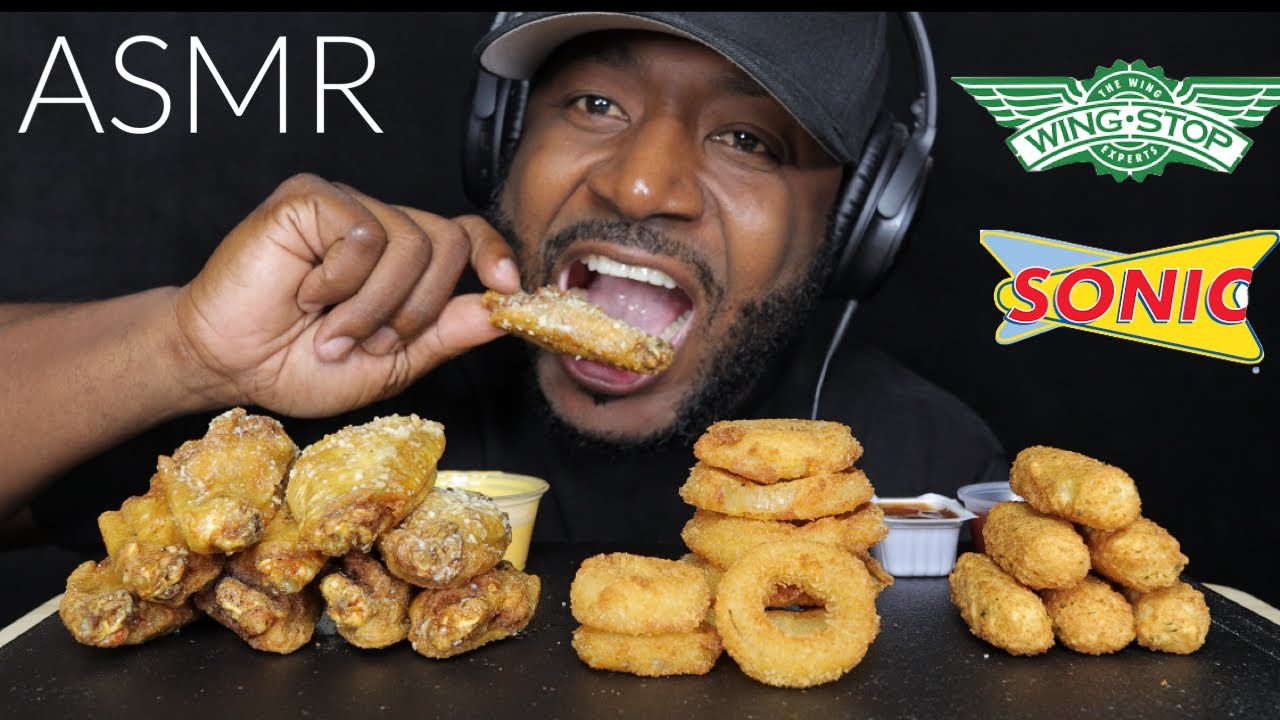 ASMR EATING WINGSTOPS CRISPY CHICKEN WINGS (FLATS ONLY), ONION RINGS ...
