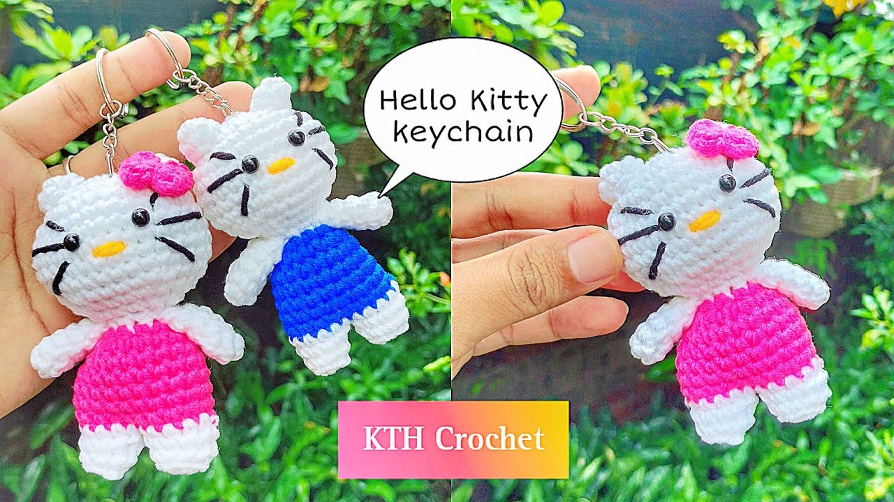 Hello Kitty သော့ချိတ်ထိုးနည်း😻(Crochet Hello Kitty keychain) - YouTube
