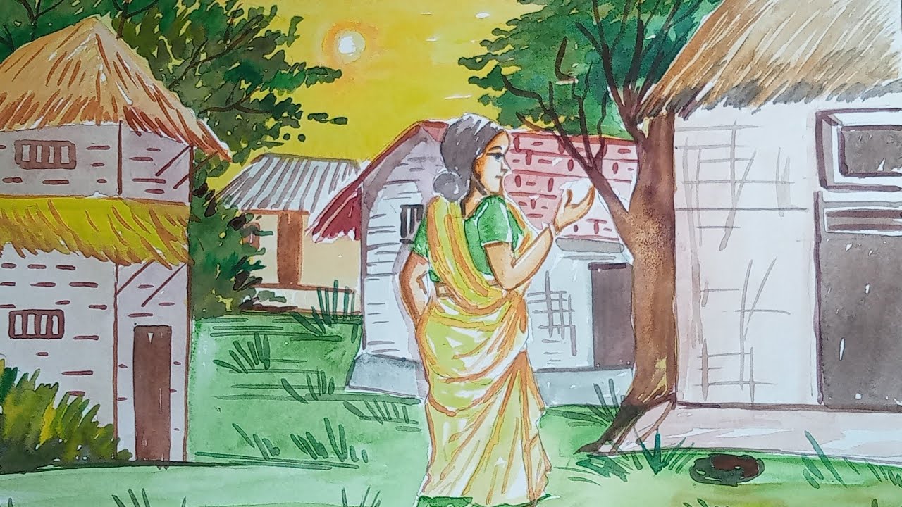 easy village scenery drawing ll how to draw human figures step by step ...