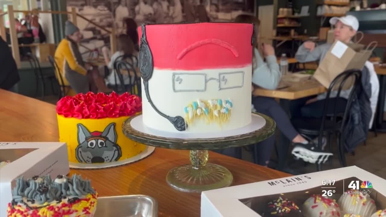 Andy Reid frozen moustache cake at McLain's - YouTube
