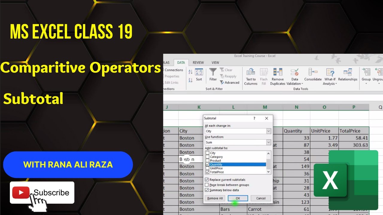 Class 19 | Subtotal function in Excel | advanced excel course ...