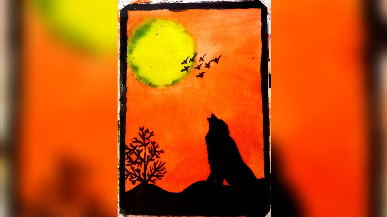 how to draw a beautiful wolf drawing with panting color sunset scenery ...
