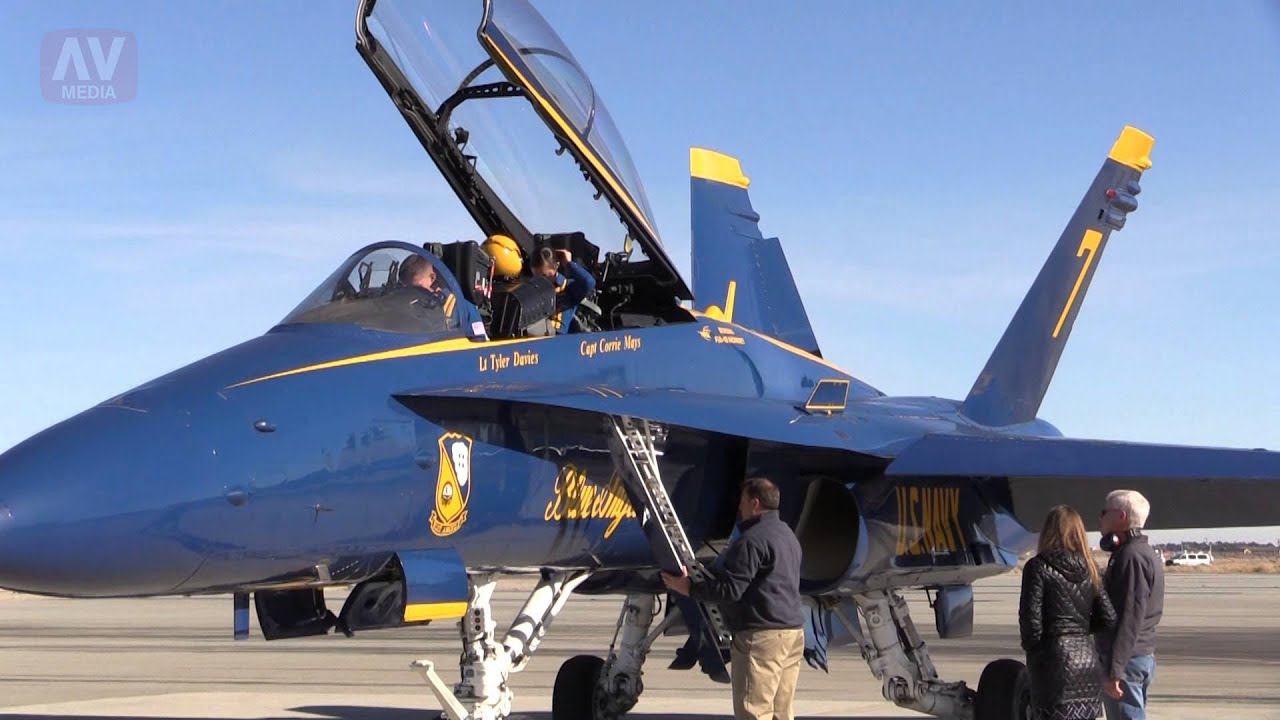 Blue Angels F/A-18 Hornet arrives - Lt. Tyler Davies, Capt. Corrie Mays ...