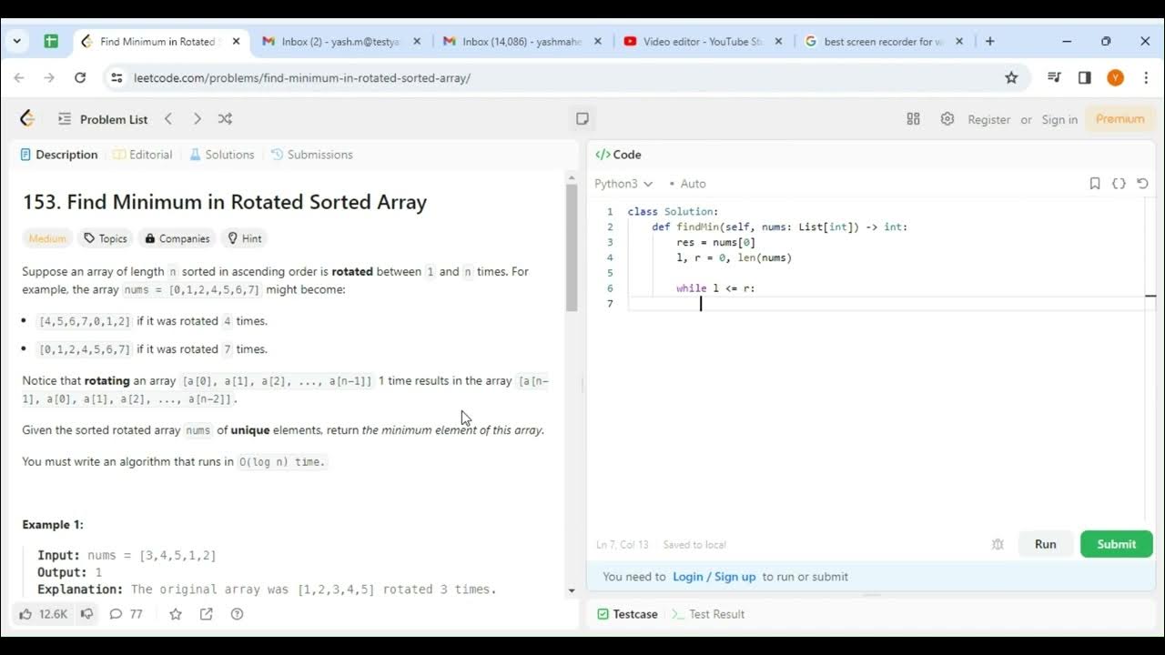 Leetcode 153 Find Minimum In Rotated Sorted Array Leetcode Youtube
