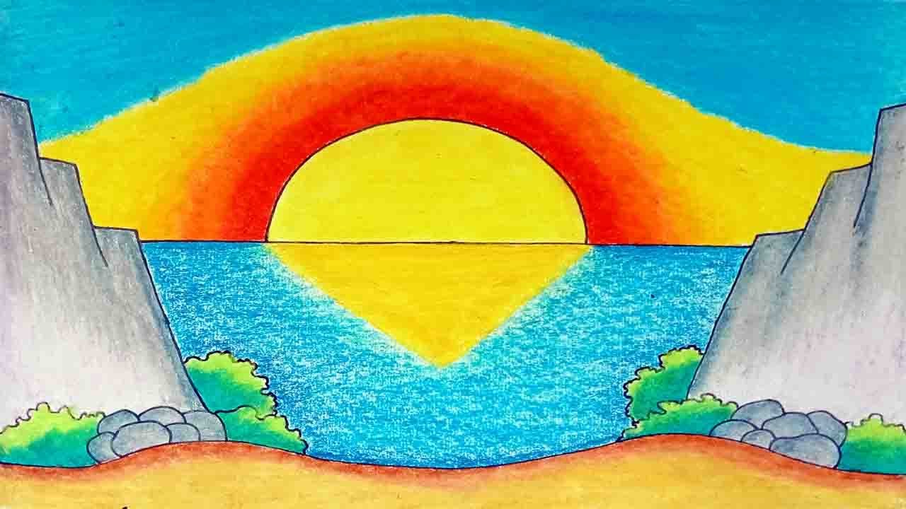 Oil pastel colour very easy sunset and river scenery drawing - YouTube
