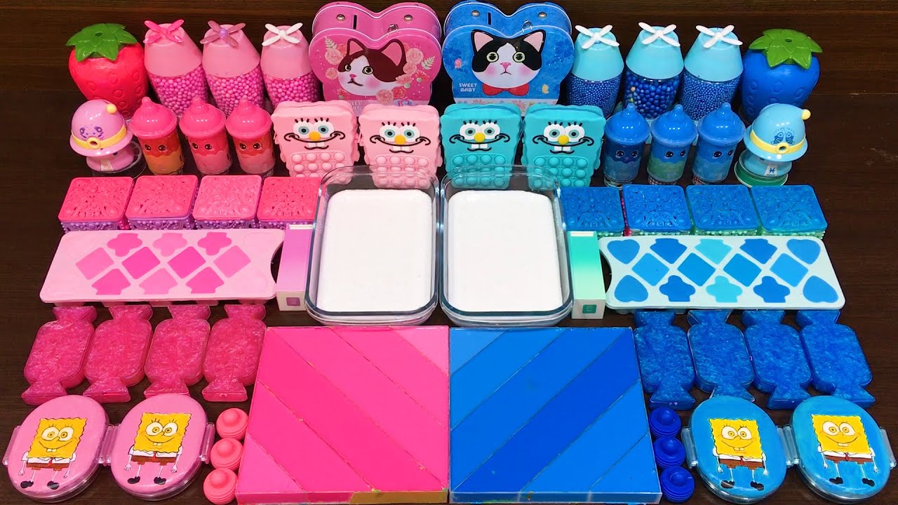 SPONGEBOB PINK vs BLUE !!! Mixing Random into GLOSSY Slime ...