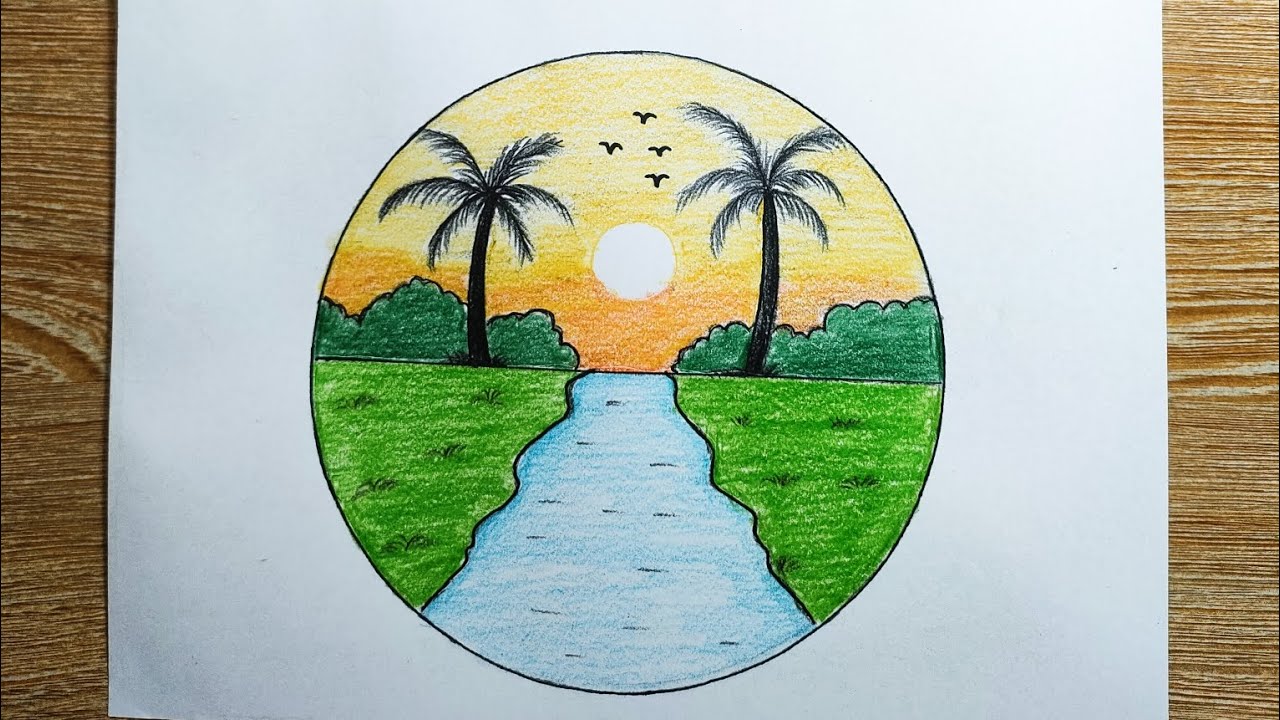 #22 Vẽ tranh bình minh lên trong hình tròn| How to draw easy Scenery ...