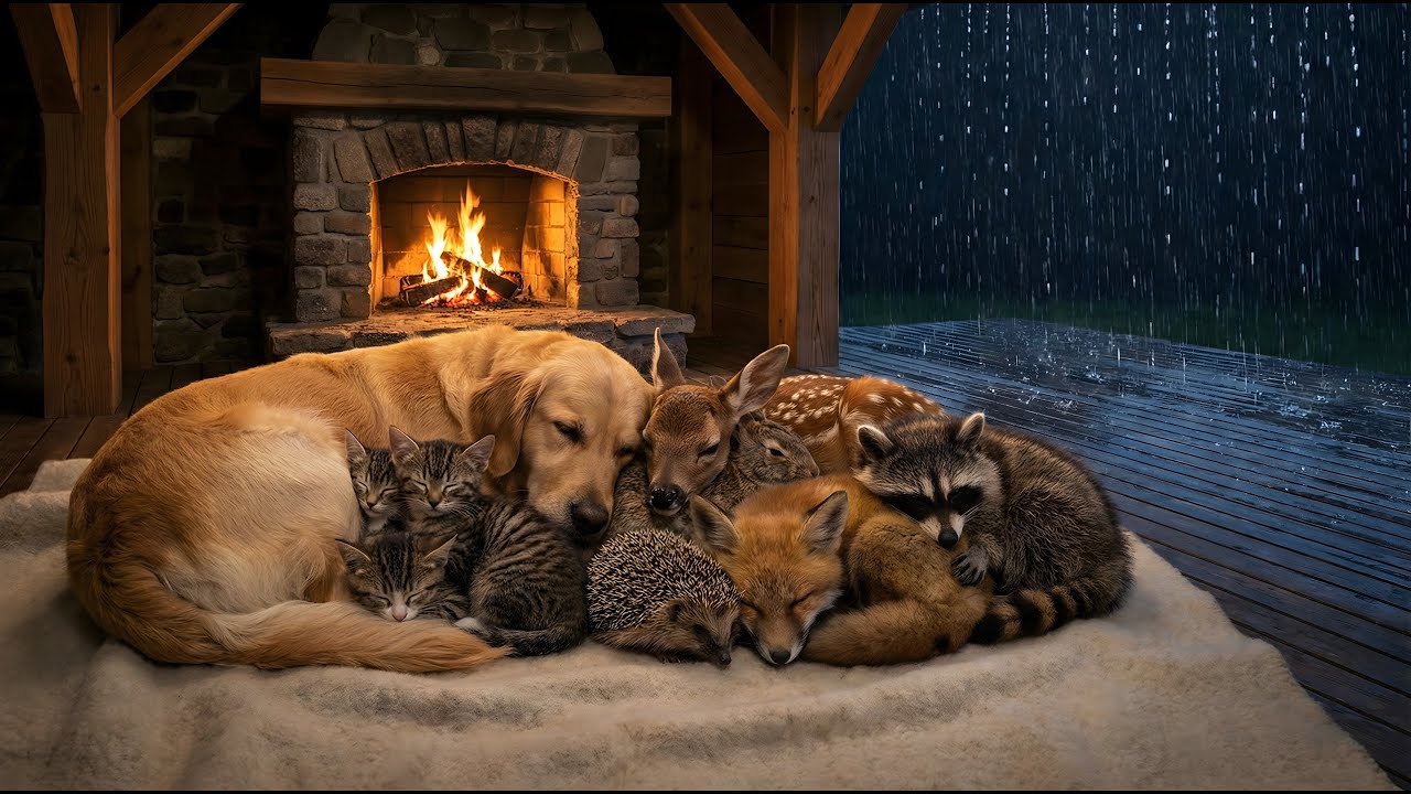 Slow Rain and Fireplace Ambience for Sleep | Cozy Cabin Animals 🔥🌧️ ...