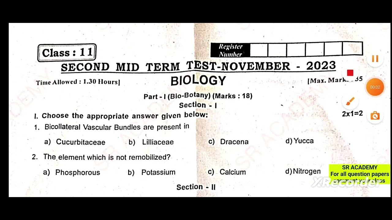 11th biology 2nd midterm 2023 test original question paper English ...