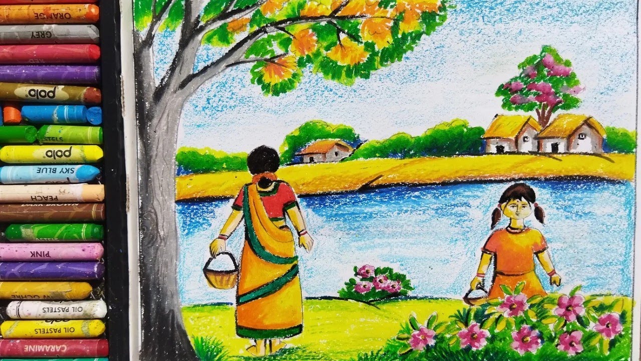 Spring day scenery drawing /বসন্ত কালের দৃশ্য /Spring season drawing ...