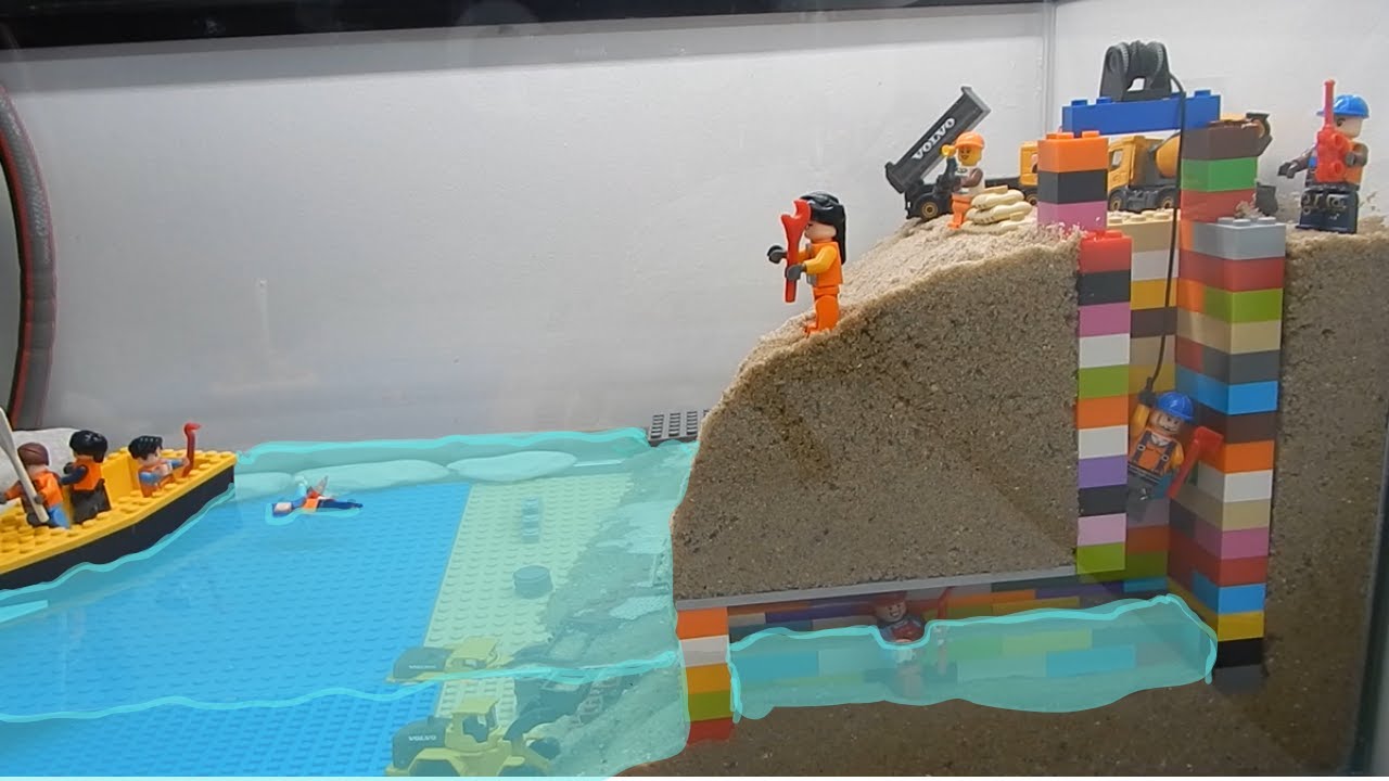 Construction site men dig a tunnel in the dam wall - Lego Dam Breach ...