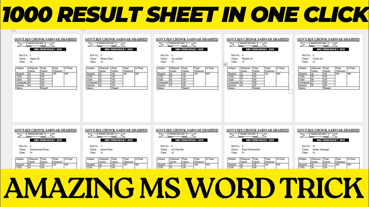 Make Result Sheet in Ms Word | Creat Multiple Result Card in MS Word ...