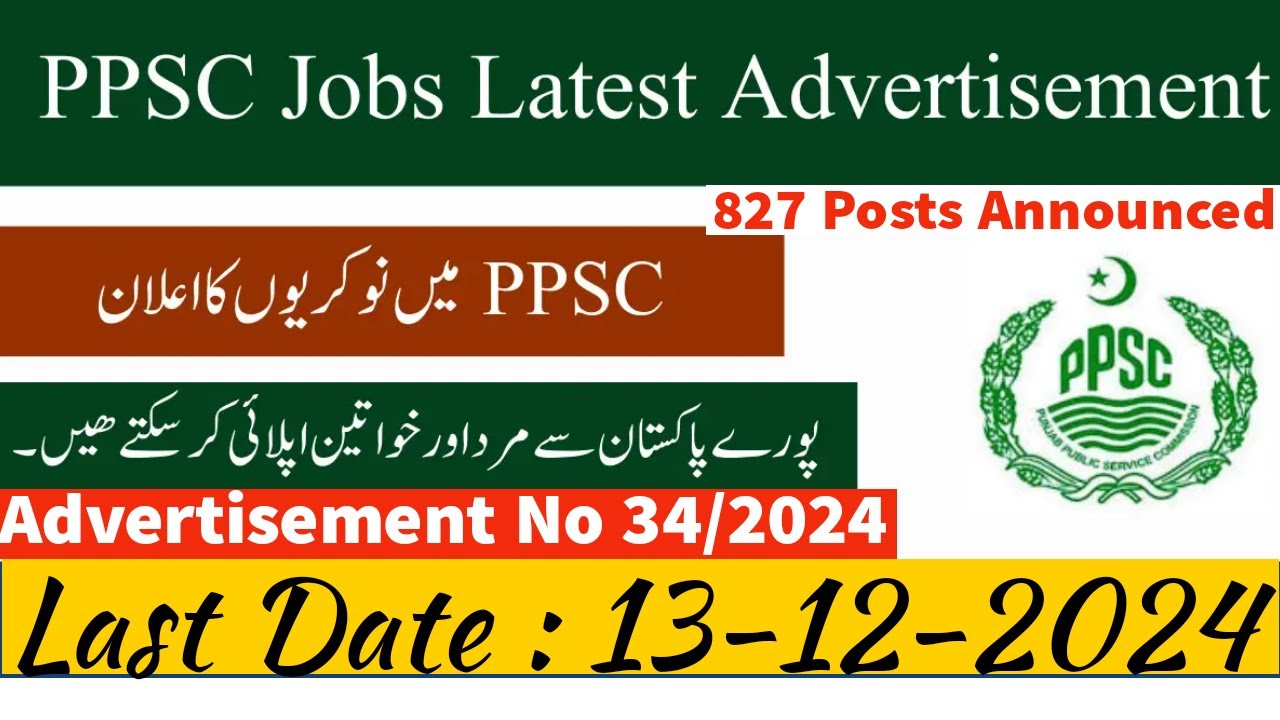 PPSC Add 34/2024 New Jobs Announced - PPSC 827 Jobs Announced -PPSC New ...