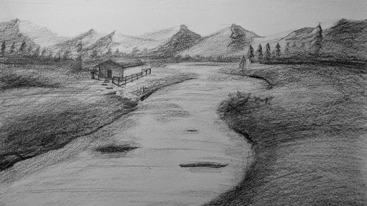 village scenery drawing with pencil shading easy - YouTube