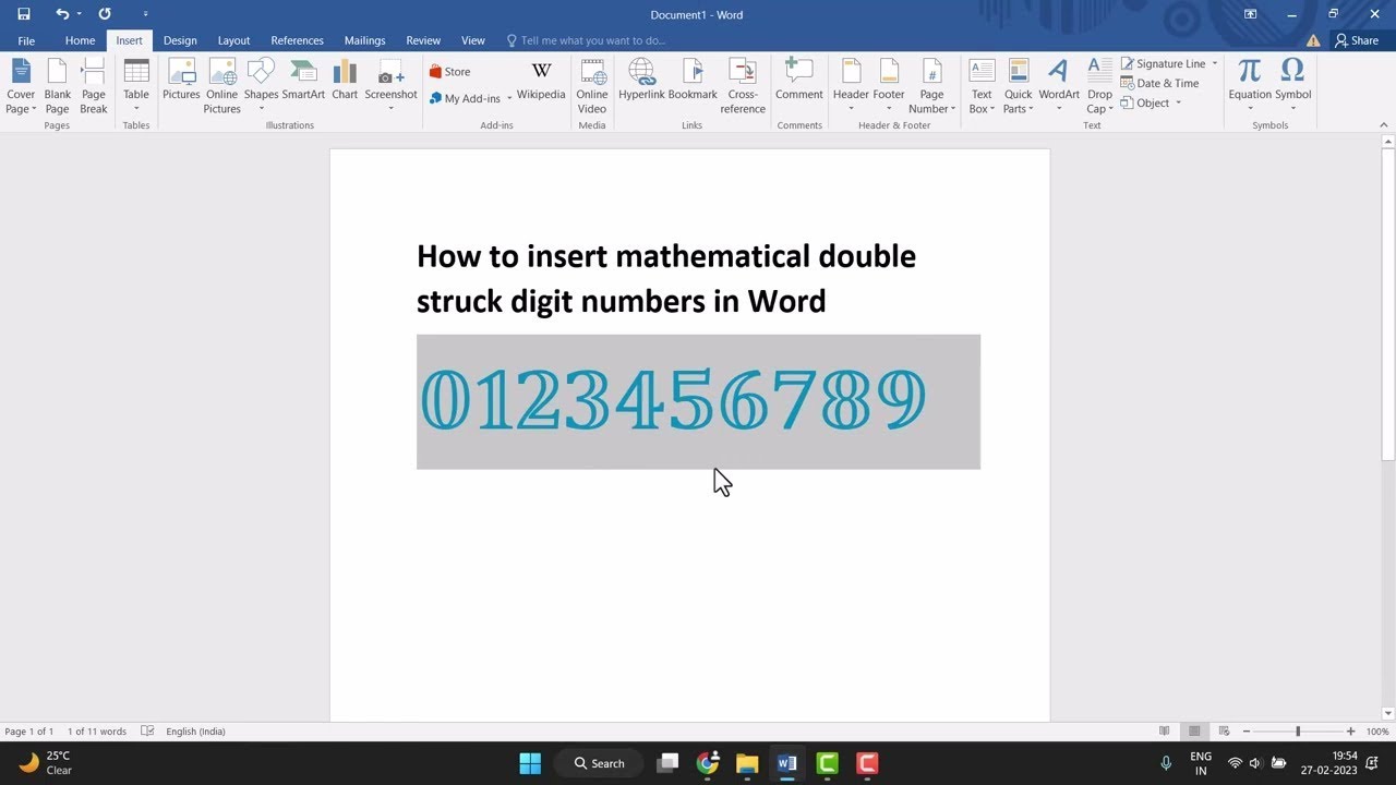 How to insert mathematical double struck digit numbers in Word - YouTube